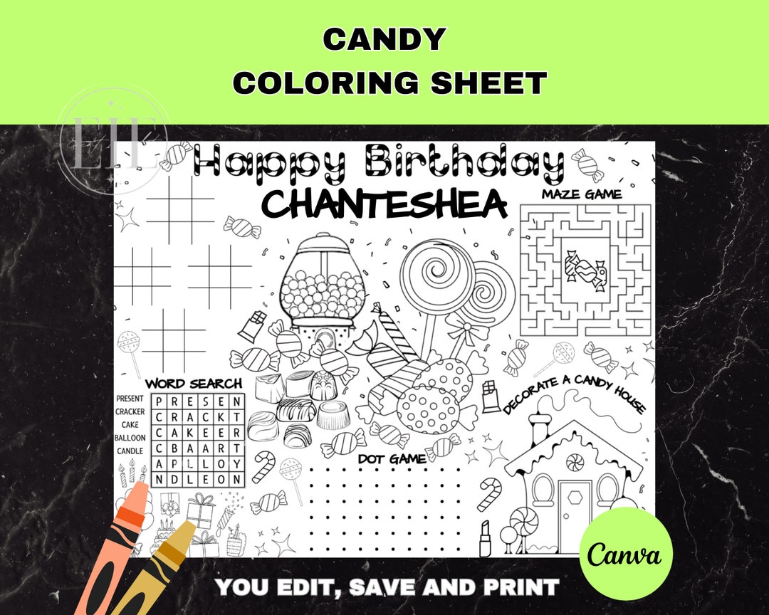 Candy Coloring Birthday Party Activity Sheets | Editable Sweets ...
