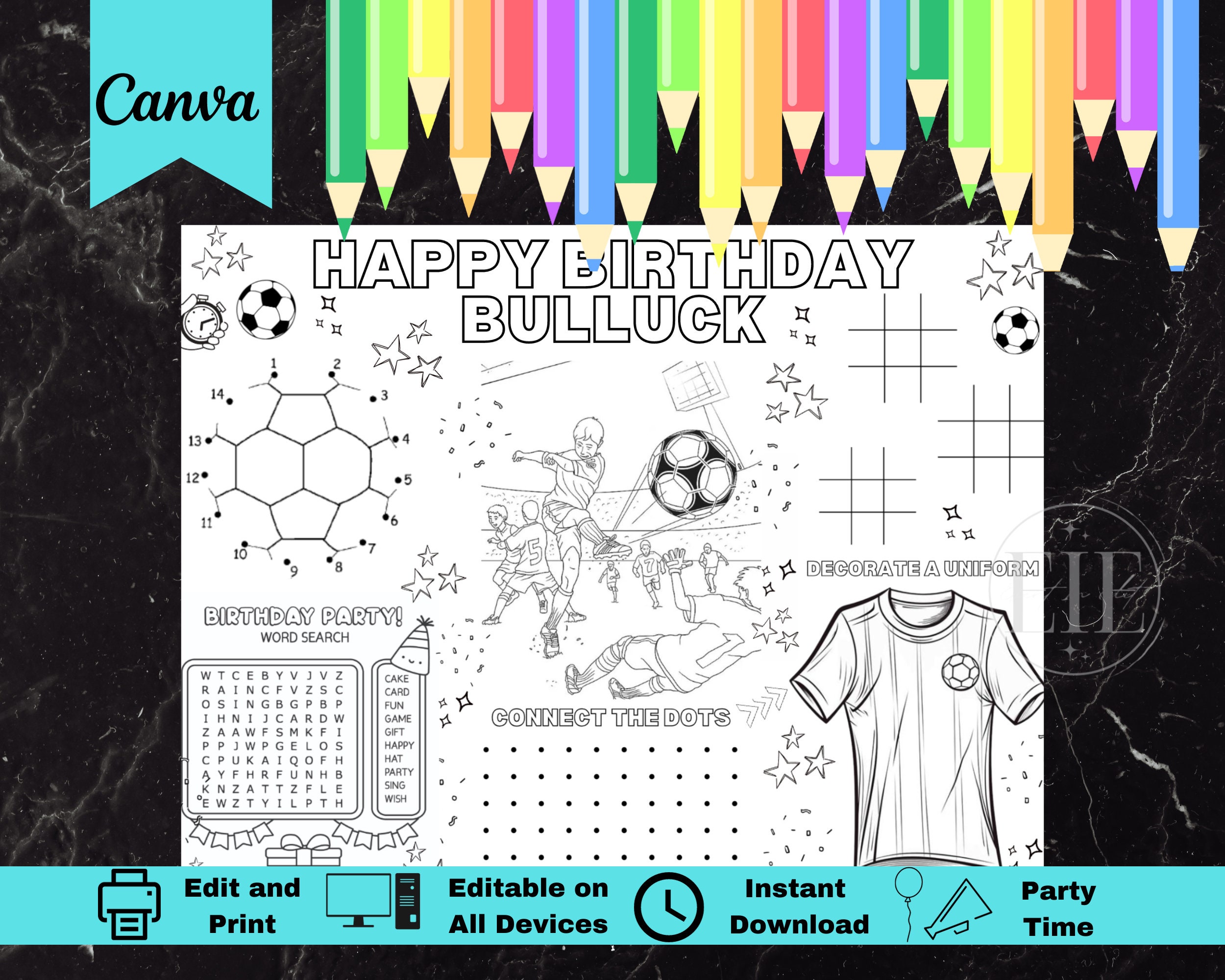Soccer Coloring Birthday Party Activity Sheet | Editable Football ...