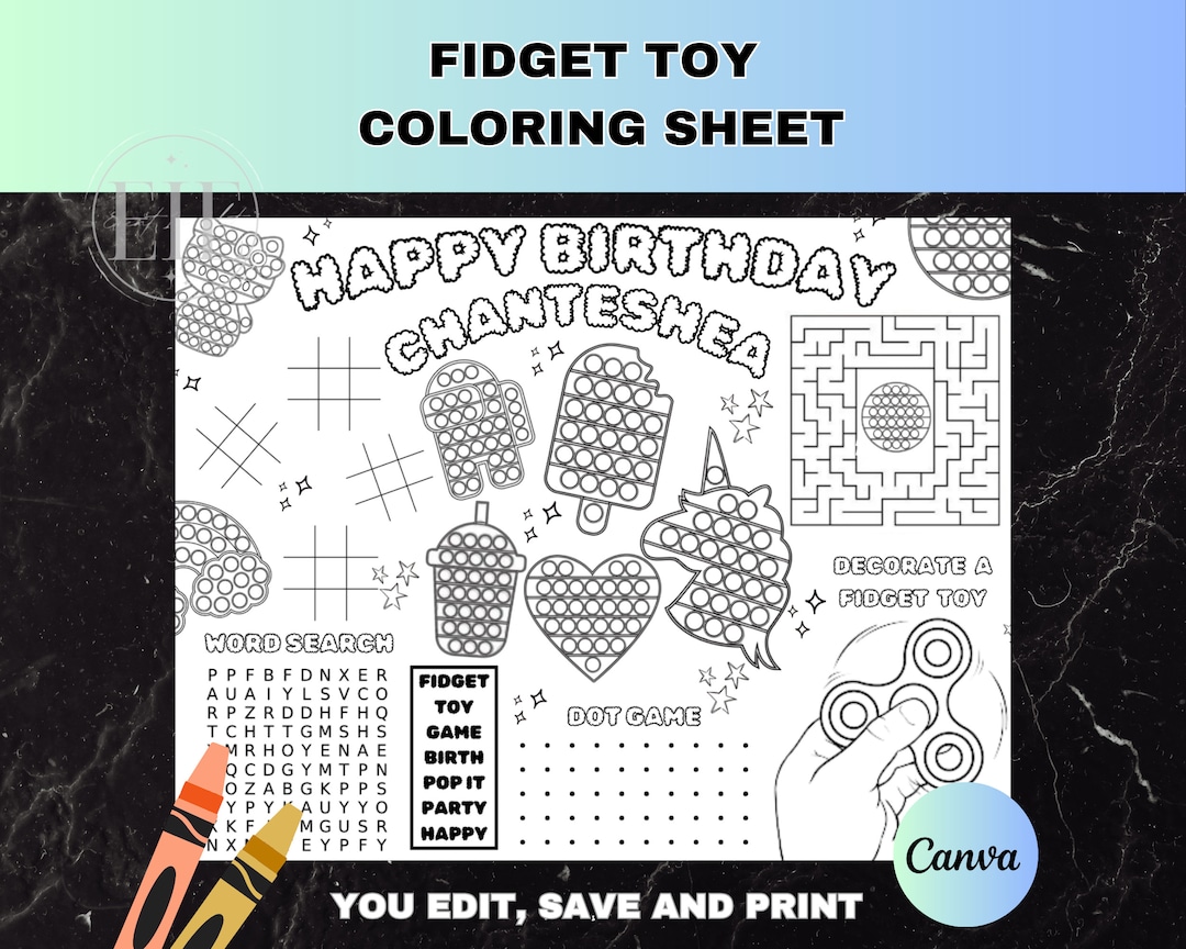 Fidget Toy Coloring Birthday Party Placemat | Editable Pop Activity ...