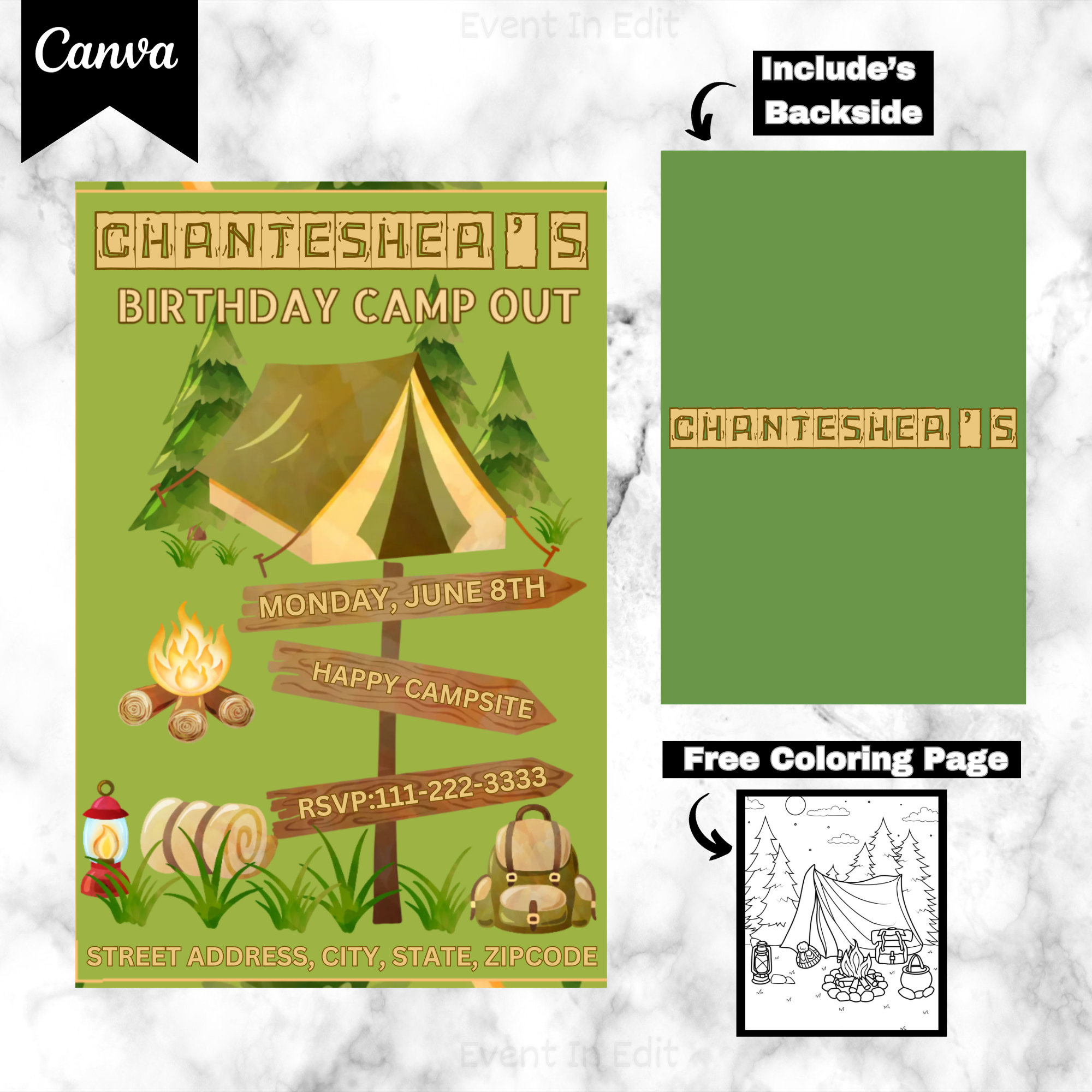Camping Birthday Party Invitation Editable Camp Invite Kids Outdoor ...