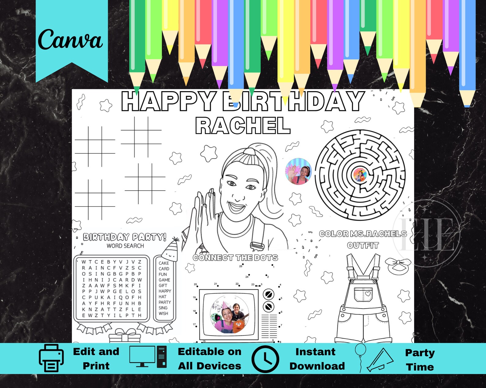Ms Rachel Birthday Party Coloring Page | Editable Miss Rachel Placemat ...