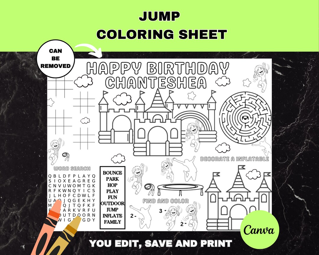 Jump Coloring Birthday Party Activity Sheet | Printable Inflatable ...