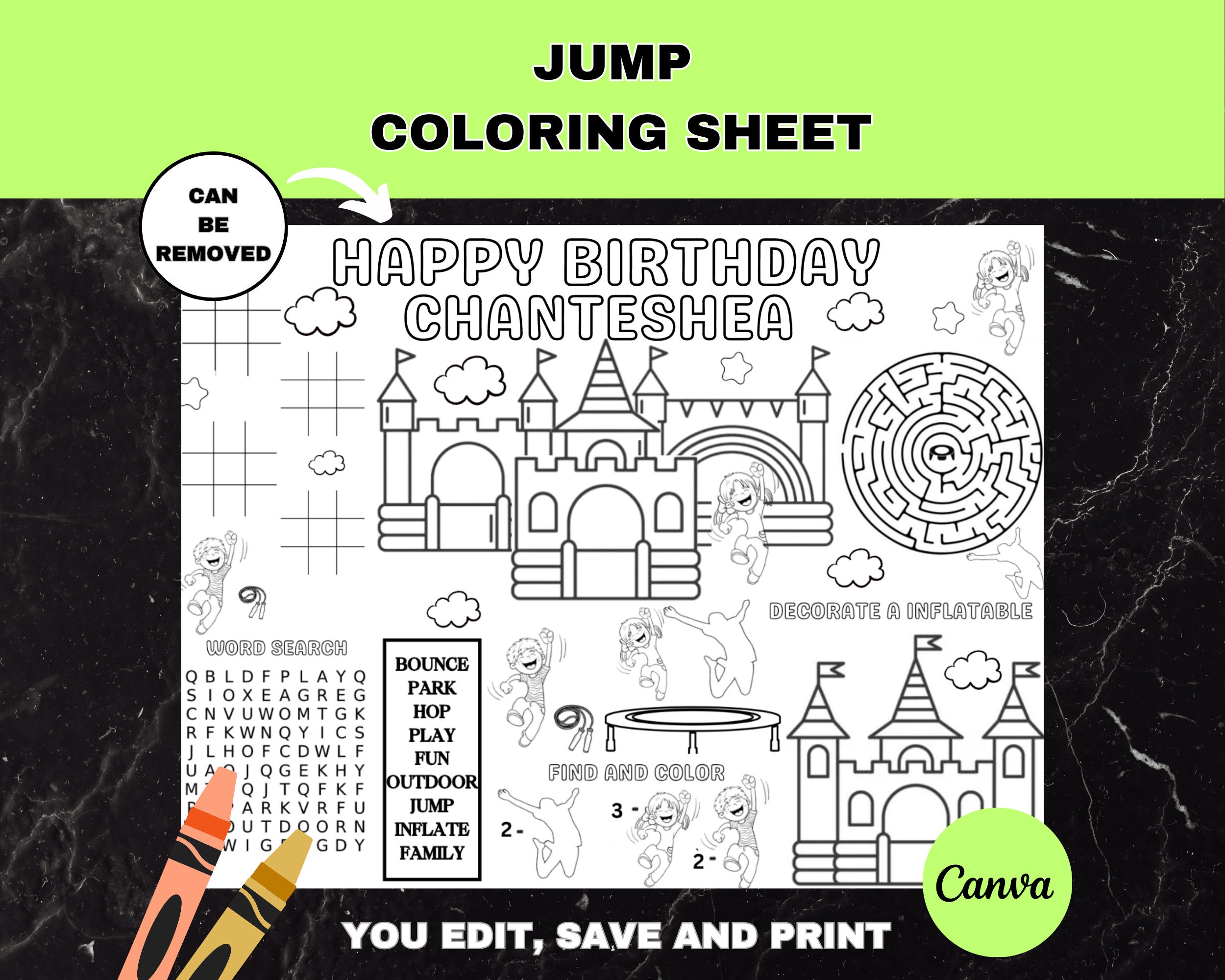 Jump Coloring Birthday Party Activity Sheet Printable Inflatable ...
