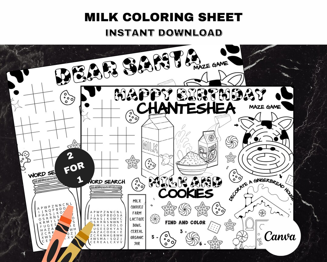 Milk and Cookies Coloring Birthday Party Placemat | Printable Cow ...