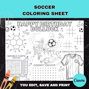 Soccer Coloring Birthday Party Activity Sheet | Editable Football ...