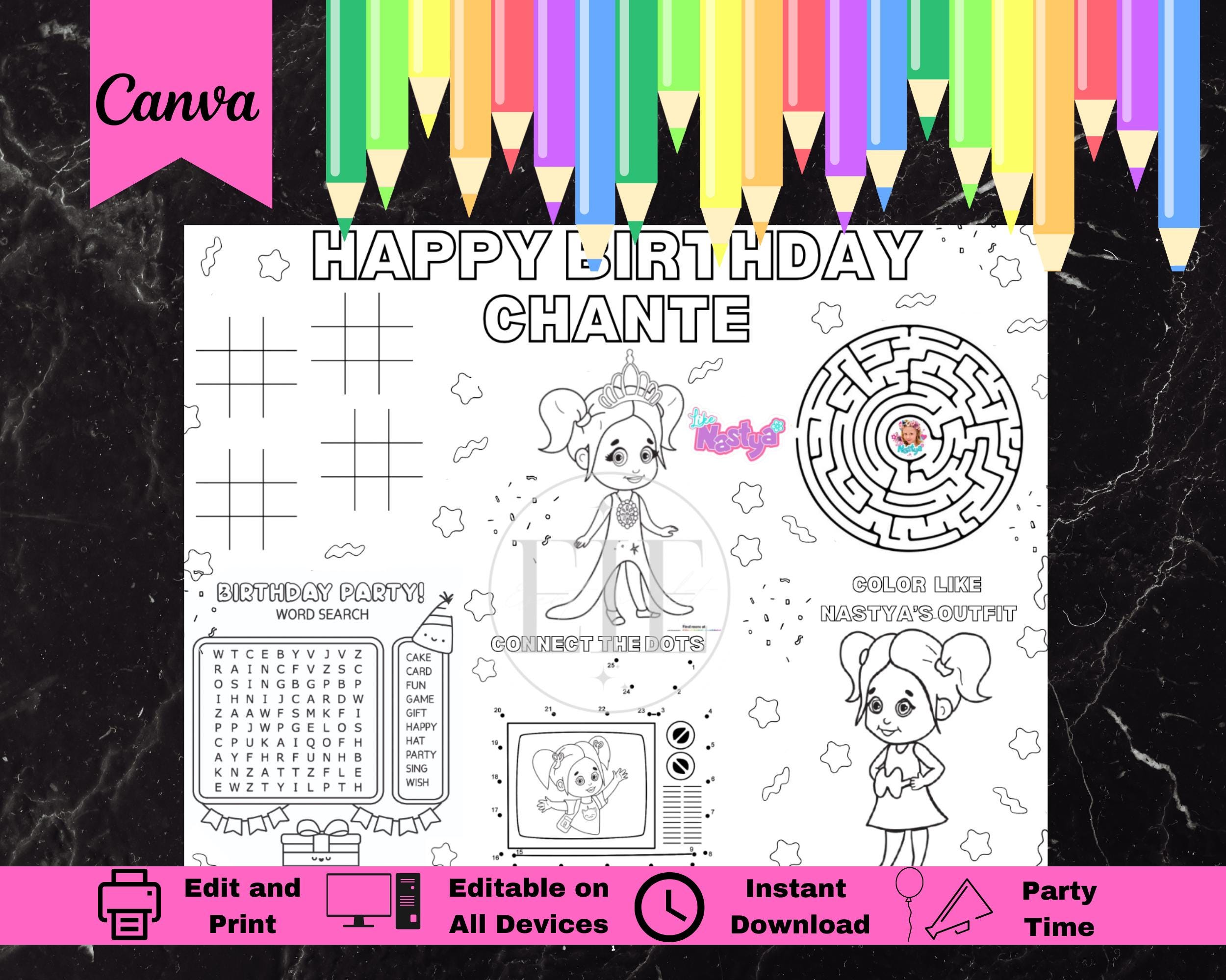 Like Nastya Birthday Party Coloring Page | Editable Like Nastya ...