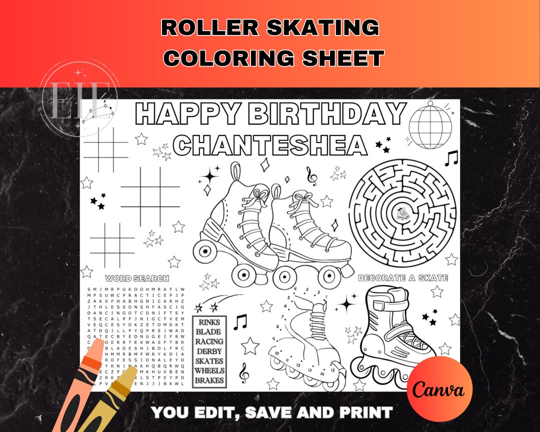 Roller Skating Birthday Party Activity Sheet | Editable Groovy Placemat ...