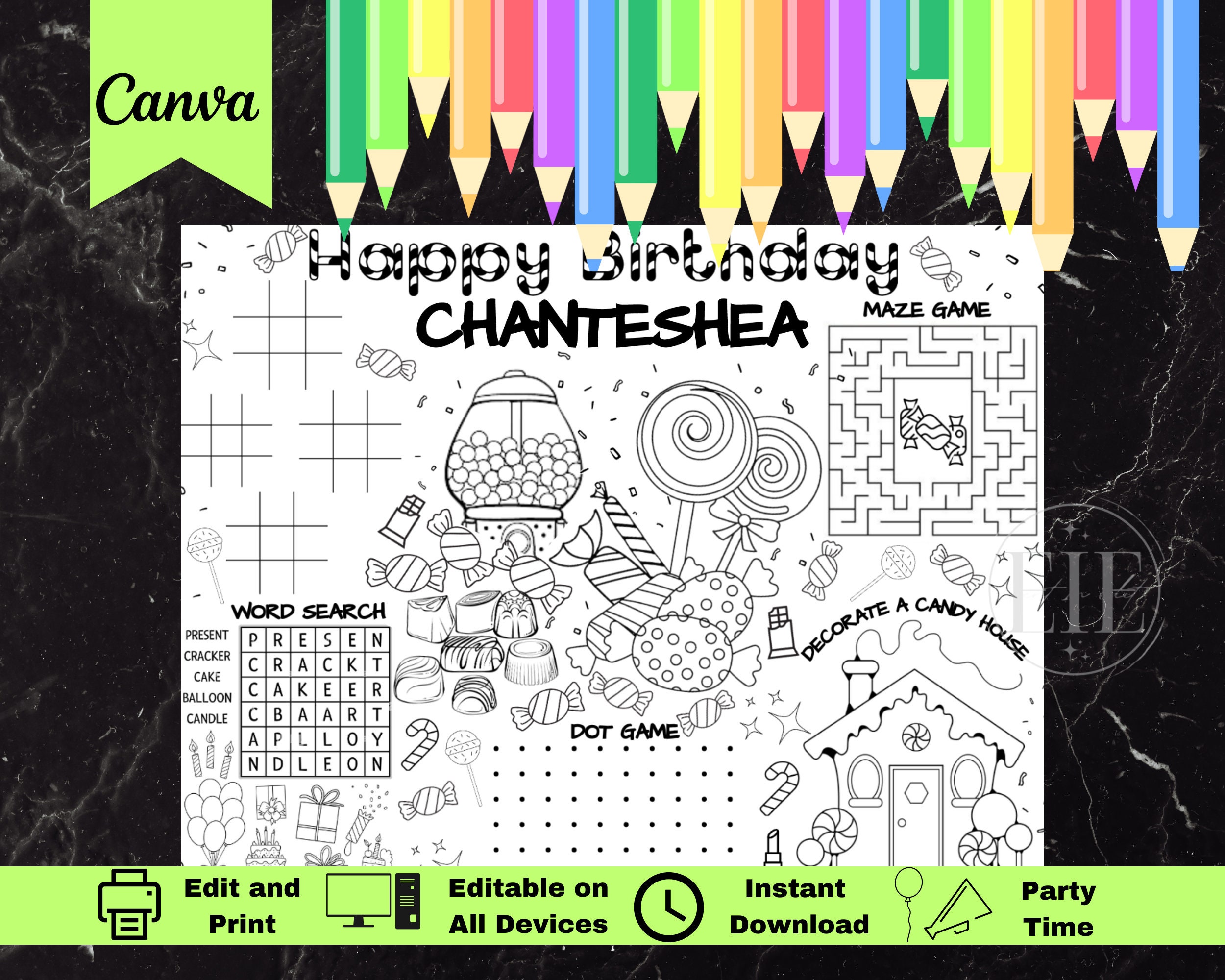 Candy Coloring Birthday Party Activity Sheets | Editable Sweets ...