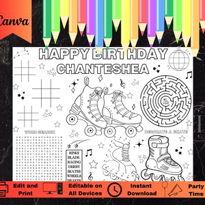 Roller Skating Birthday Party Activity Sheet | Editable Groovy Placemat ...