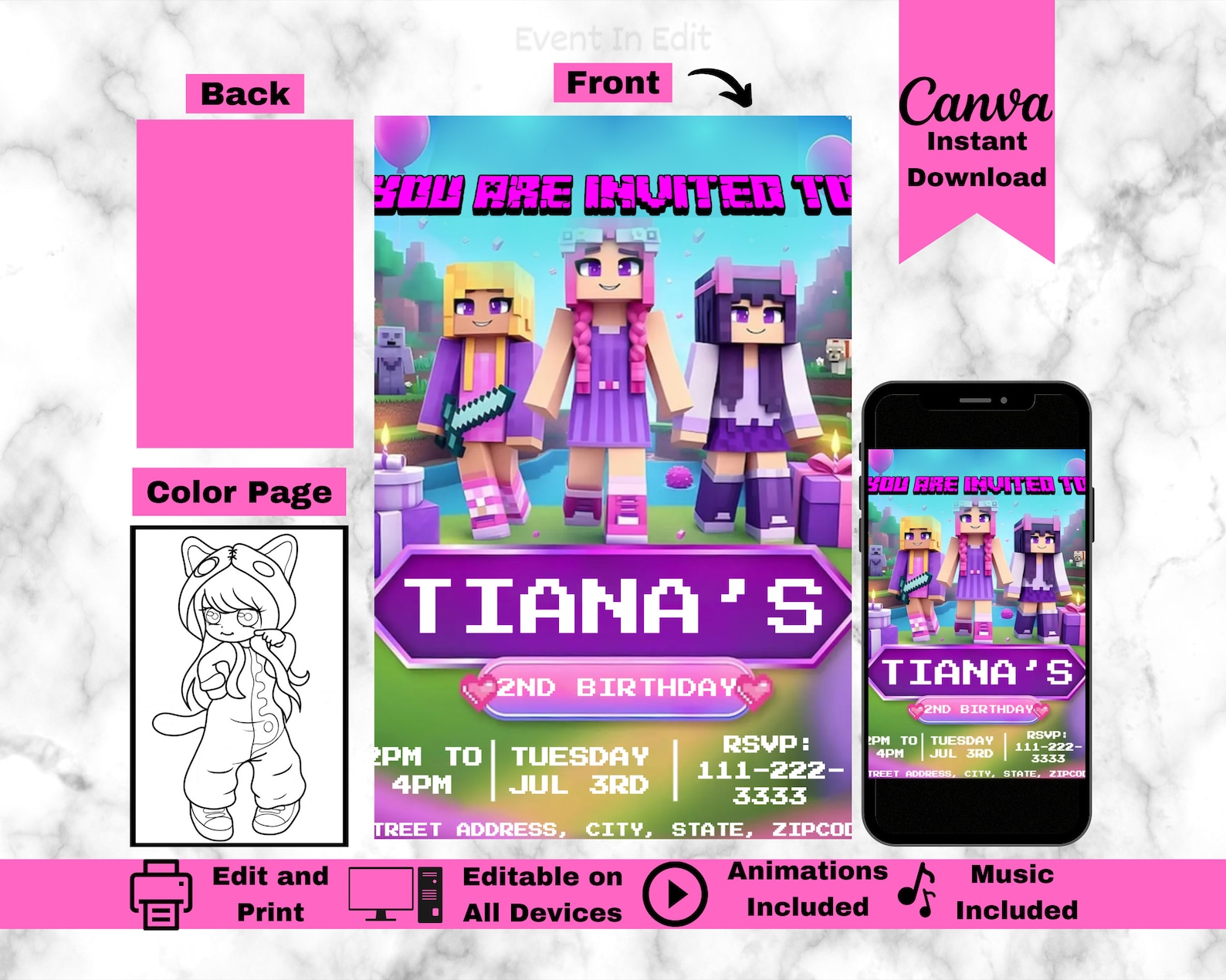 Aphmau Birthday Party Invitation | Editable Gamer Girl Invite | Block ...