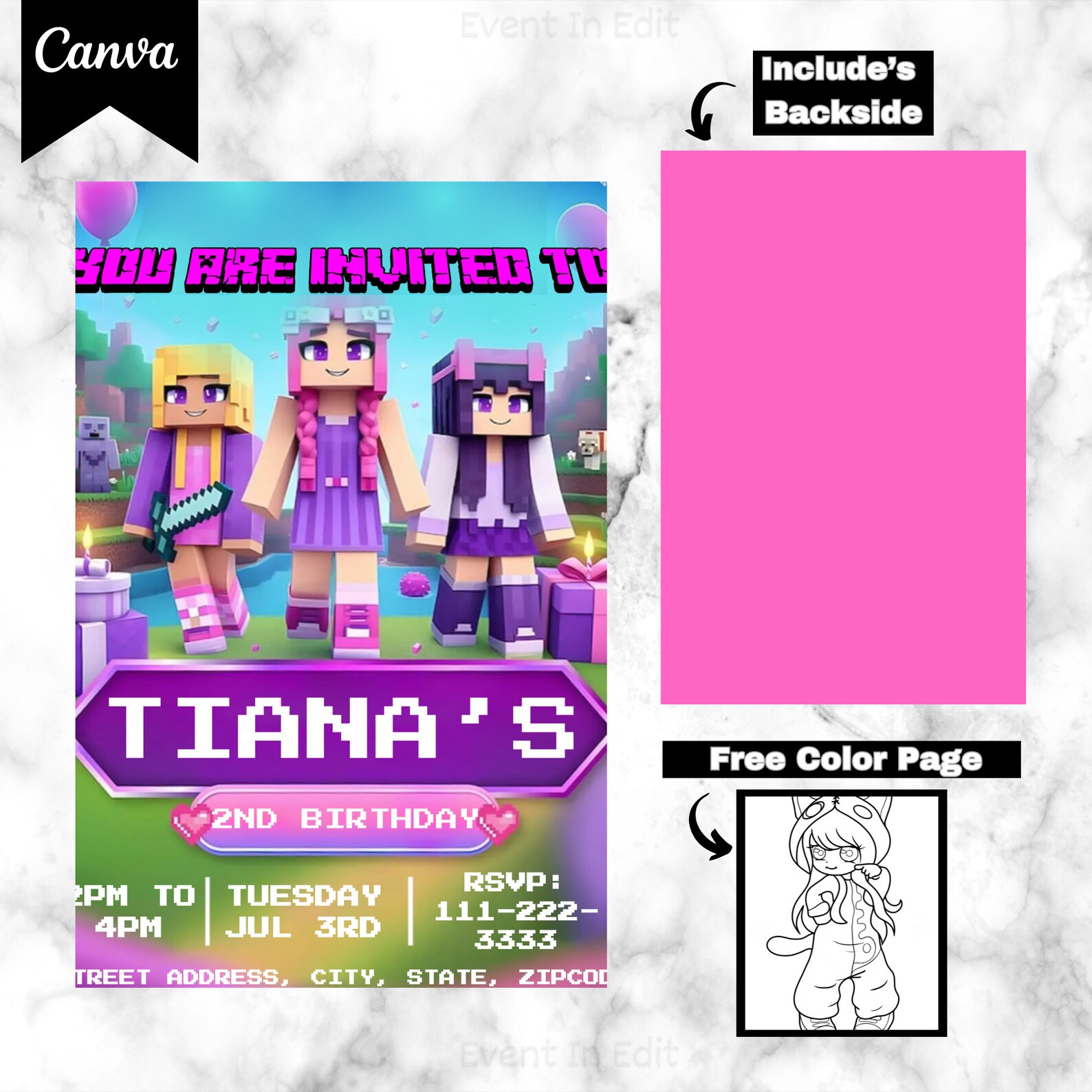 Aphmau Birthday Party Invitation | Editable Gamer Girl Invite | Block ...