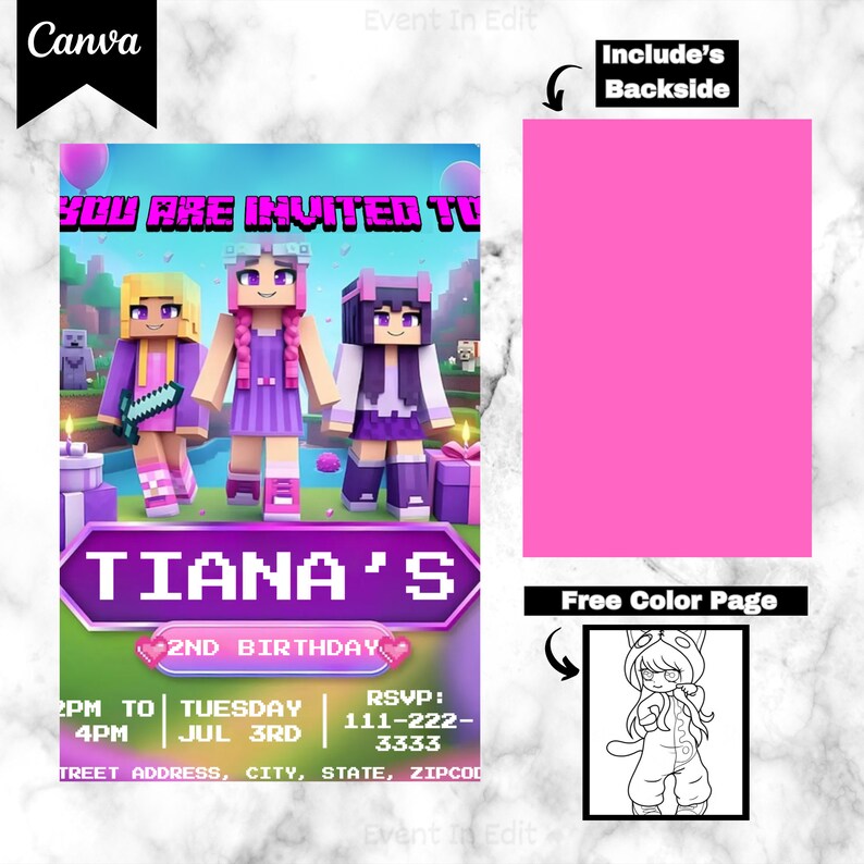 Aphmau Birthday Party Invitation | Editable Gamer Girl Invite | Block ...