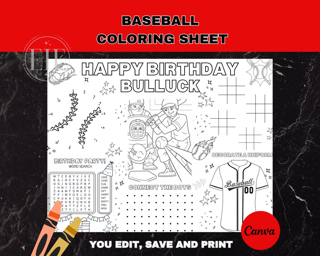 Baseball Coloring Birthday Party Activity Sheet | Editable Softball ...