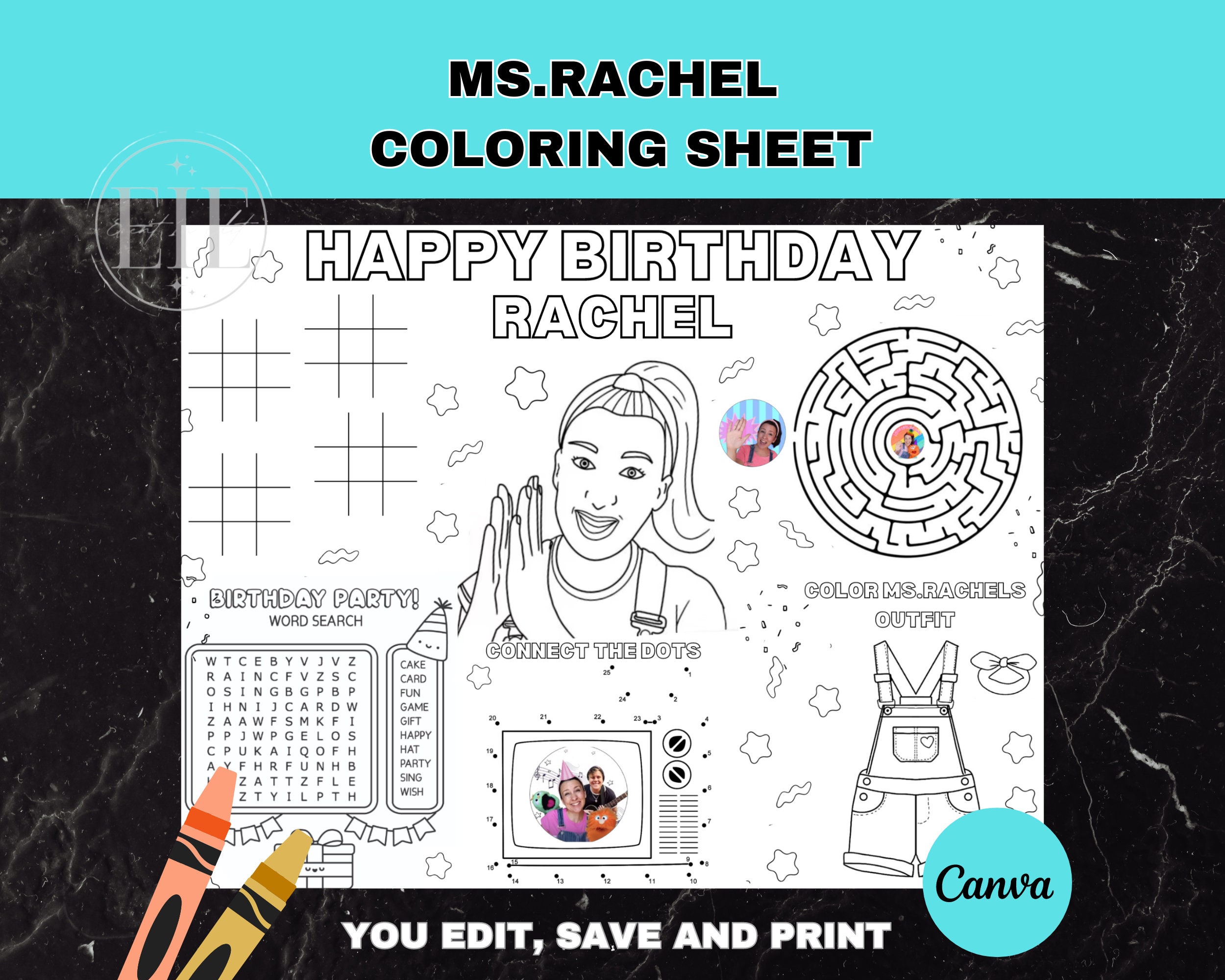 Ms Rachel Birthday Party Coloring Page | Editable Miss Rachel Placemat ...