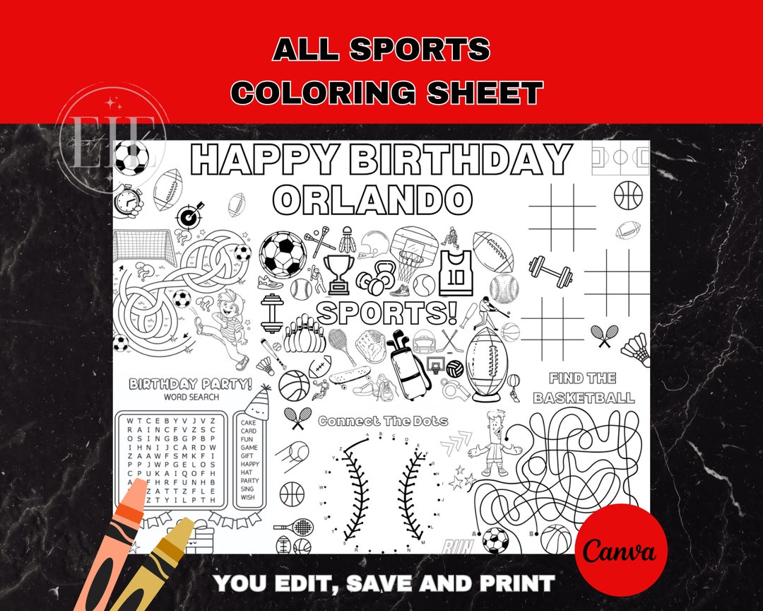 Sports Birthday Party Coloring Placemat | Football Color Activity Sheet ...