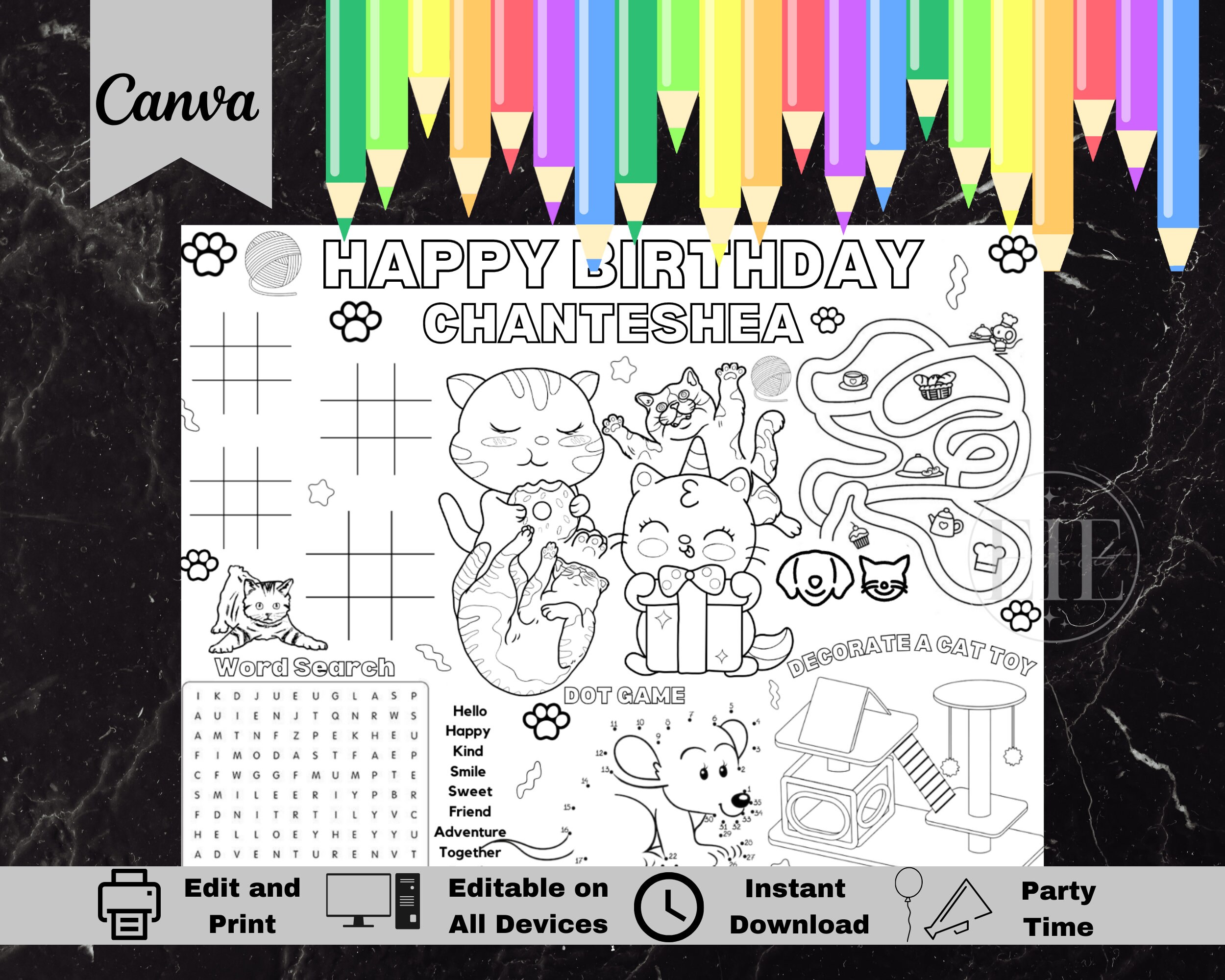 Cat Coloring Birthday Party Activity Sheet | Printable Kitty Placemat ...