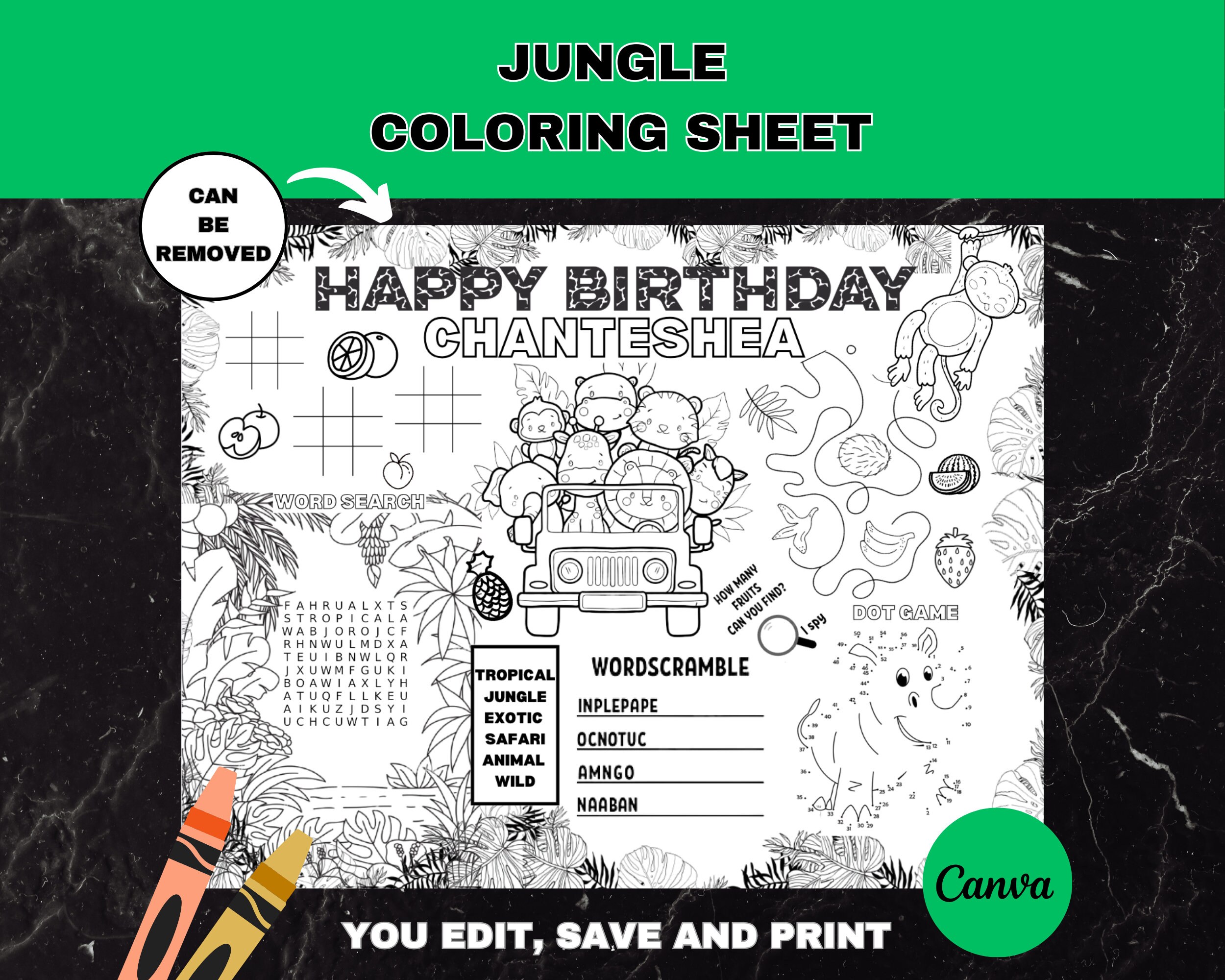 Safari Coloring Birthday Party Placemat | Jungle Color Activity Sheet ...