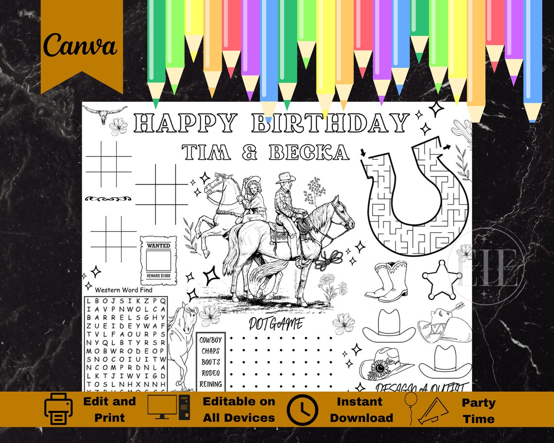 Western Birthday Party Coloring Placemat | Rodeo Color Activity Sheet ...