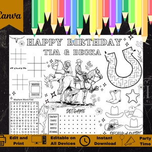 Western Birthday Party Coloring Placemat | Rodeo Color Activity Sheet ...