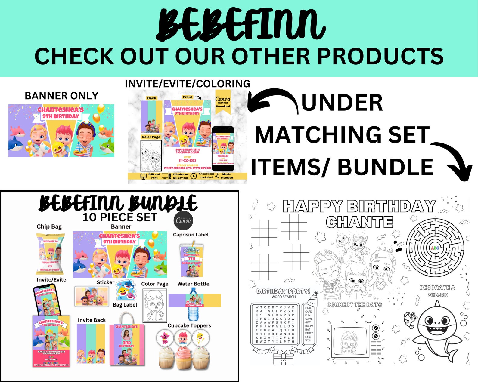 Bebefinn Birthday Party Bundle | Bebefinn Party Pack | Shark Party ...