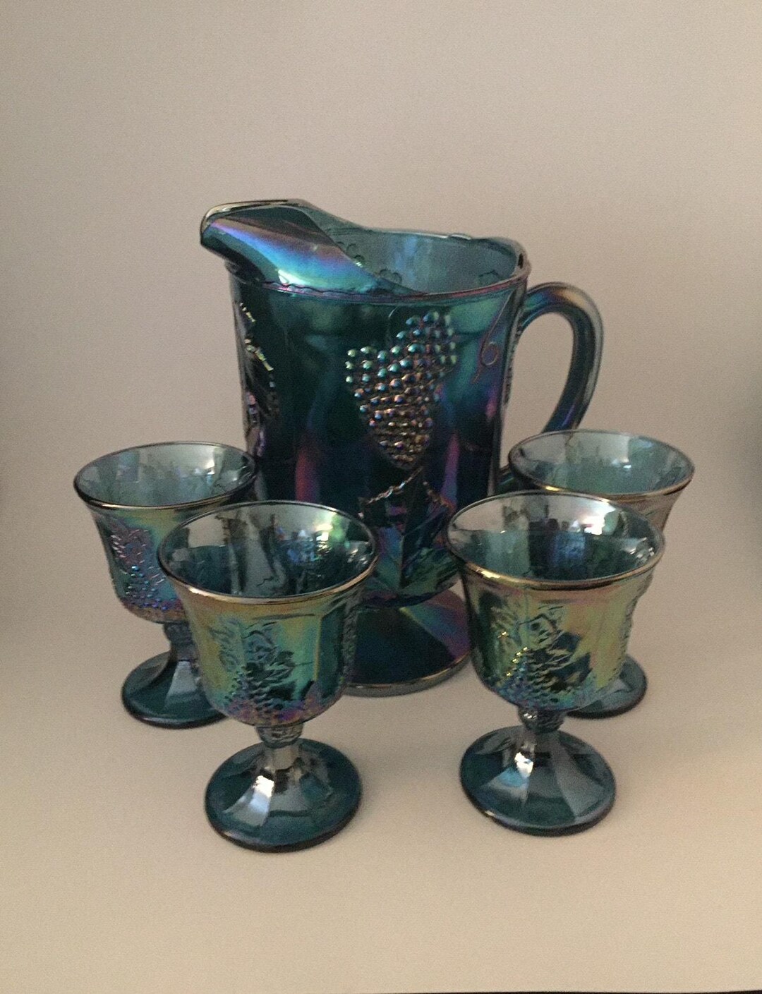 Carnival Harvest Blue Pitcher & 4 Tumblers - Iridescent Colony Glass ...