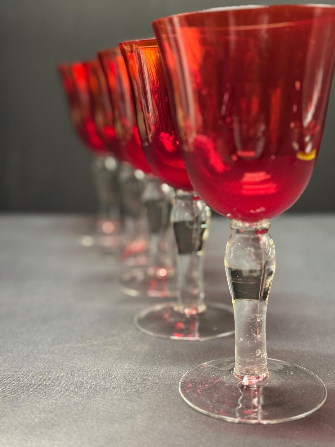 Set of 5 Handblown Ruby Red Bell-shaped Goblets With Clear Stems ...