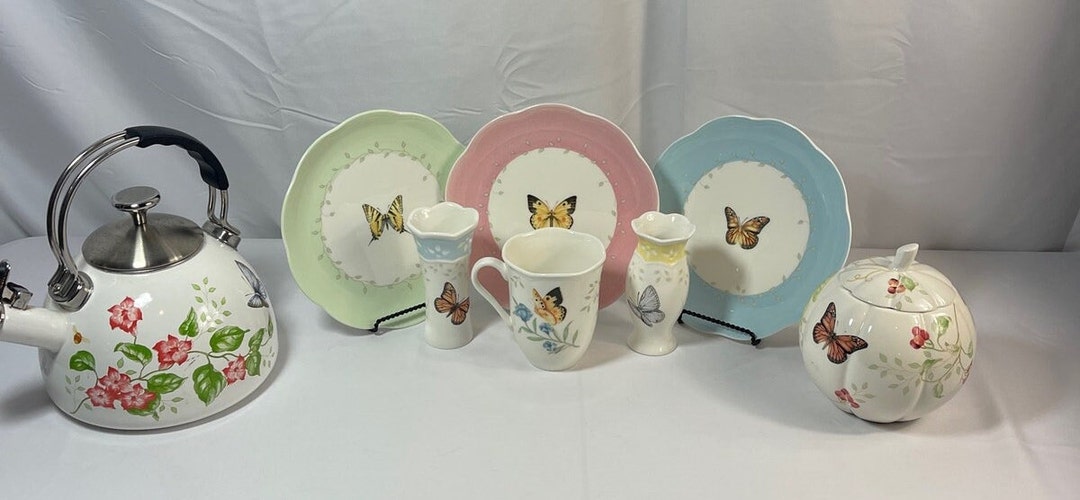 Vintage Lenox Butterfly Meadow Set Teapot, Treat Jar, Vases, Dessert ...