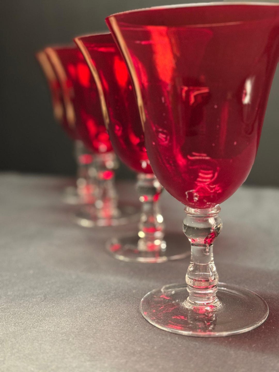 Set of 4 Ruby Red Goblets With Clear Stems – 7.5” Tall, Vintage ...