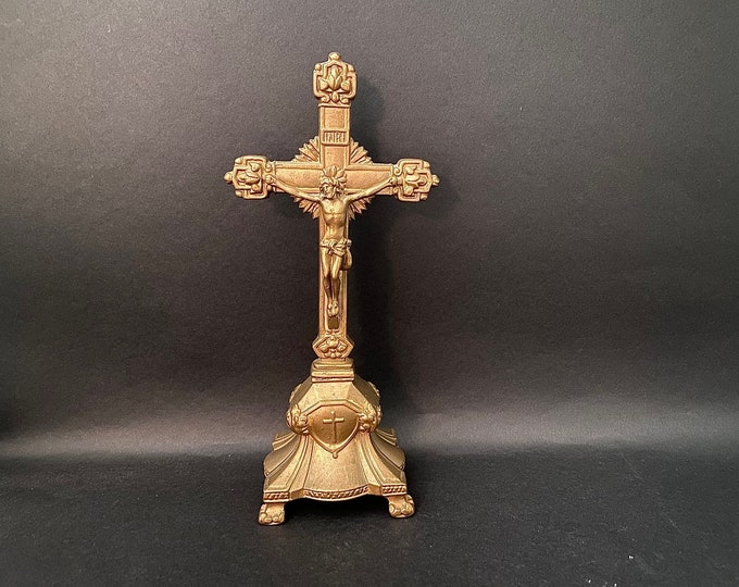 Antique Standing Crucifix - INRI Sacred Heart Catholic Altar Cross ...