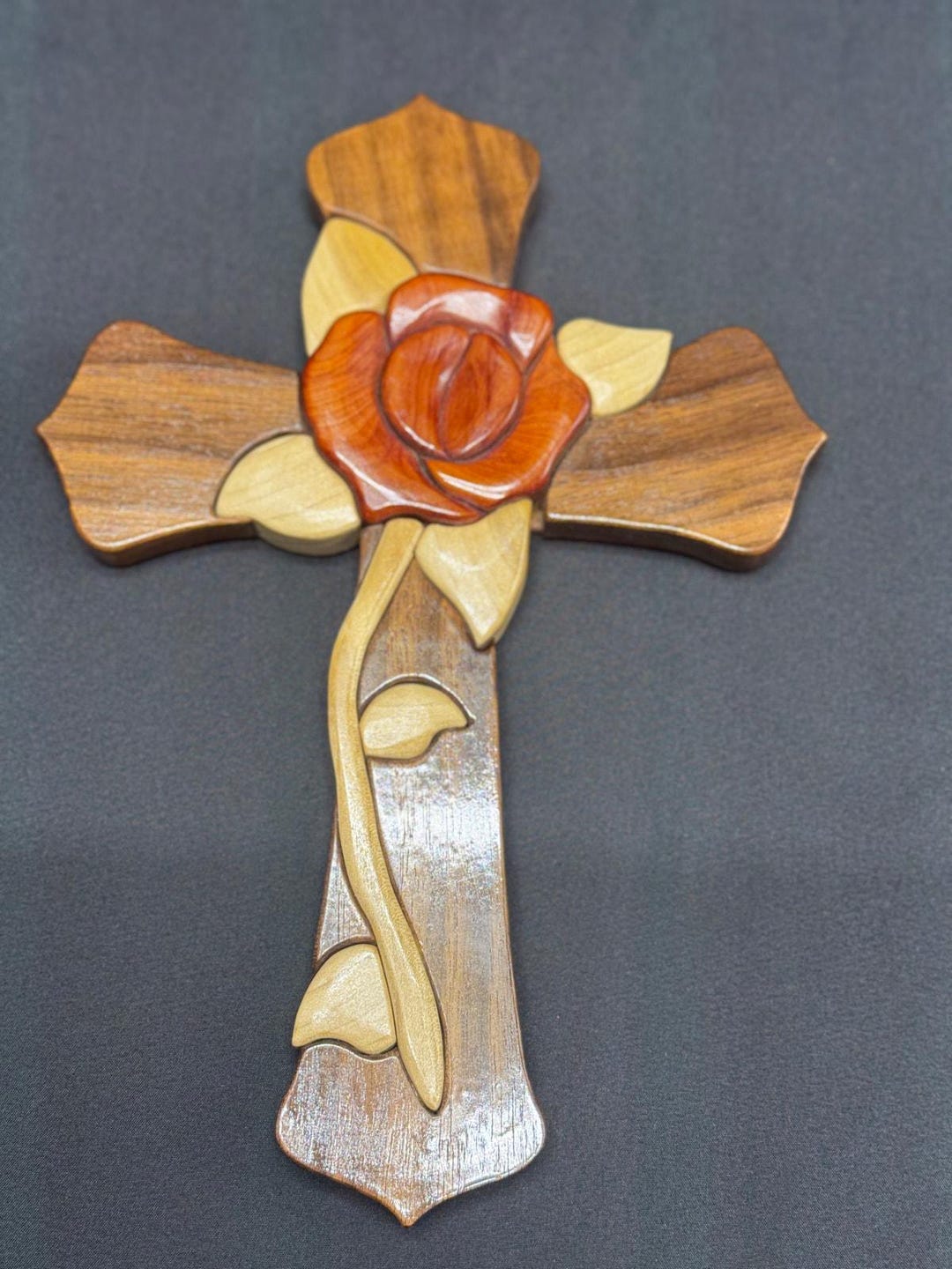 Handcrafted Wooden Rose Cross Intarsia – 10" X 7" – Made From 3 Woods ...