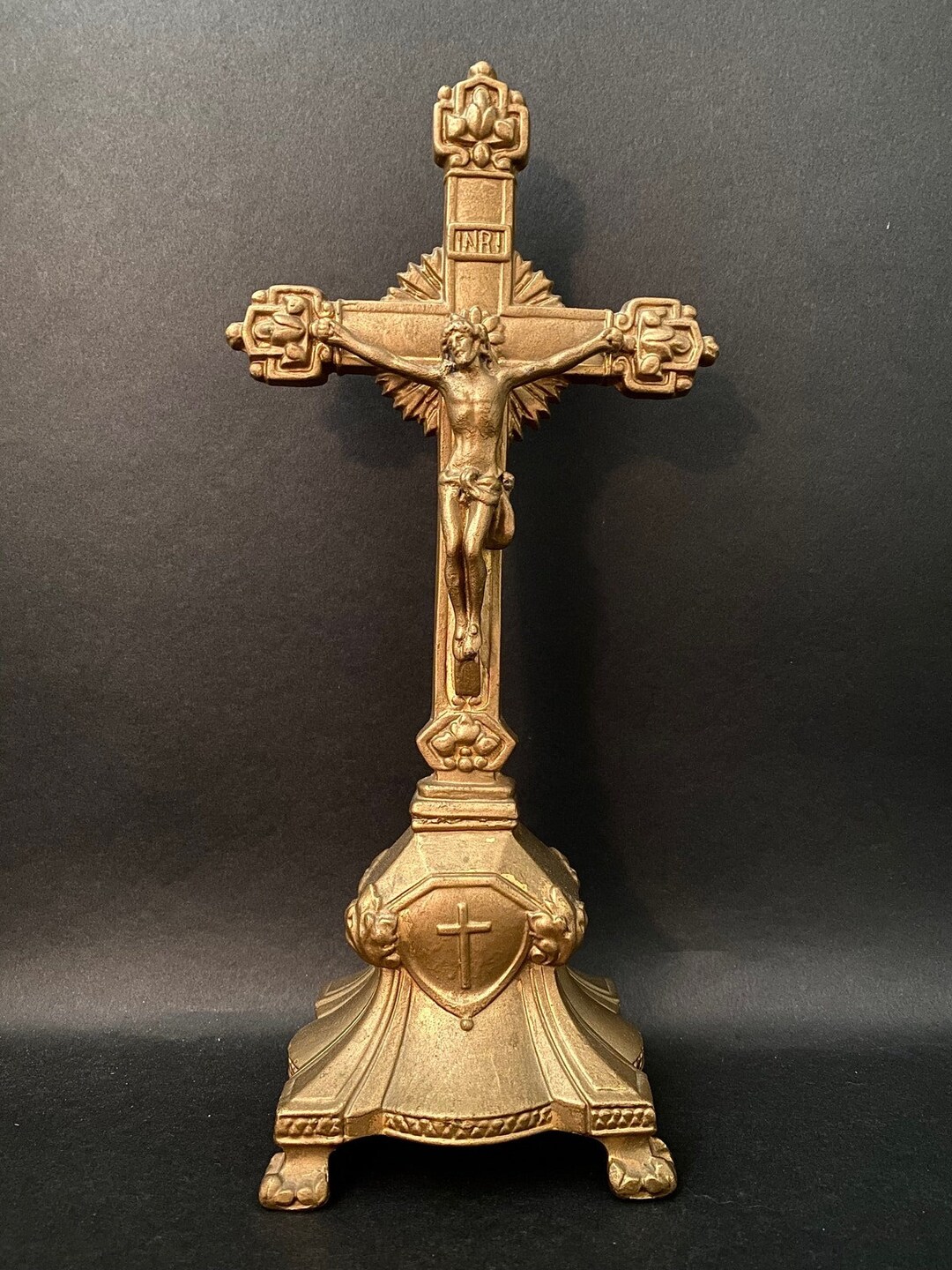Antique Standing Crucifix INRI Sacred Heart Catholic Altar Cross, Early ...