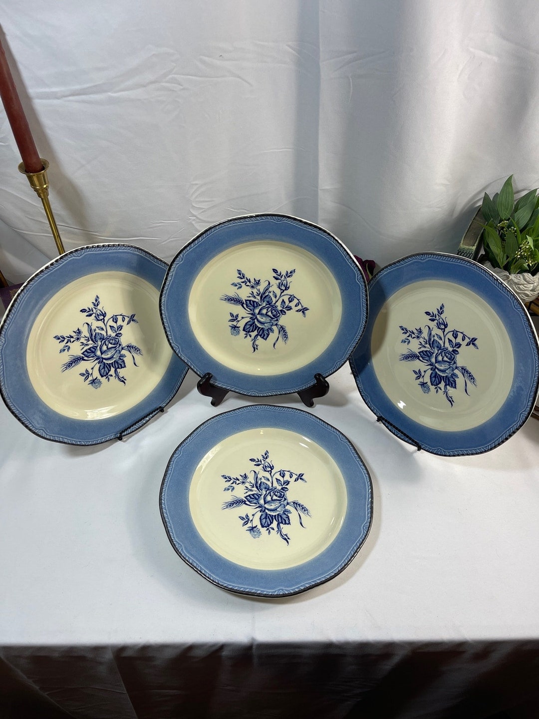 Set of 4 Vintage Wood and Sons Colonial Rose Blue Dinner Plates, 10 3/4 ...