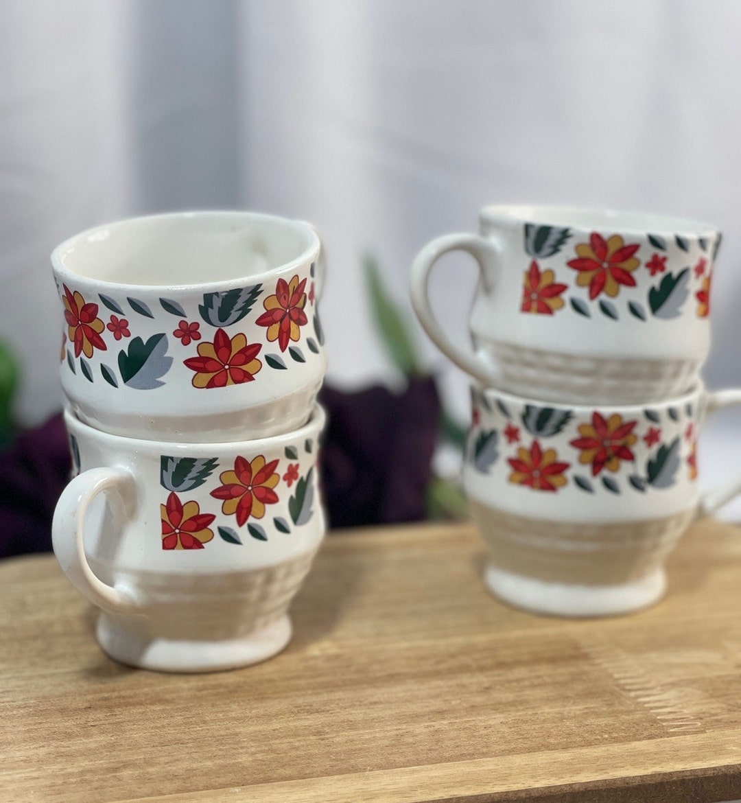 Set of 4 Retro-inspired Floral Design Cups, 2 1/2 Inches. - Etsy
