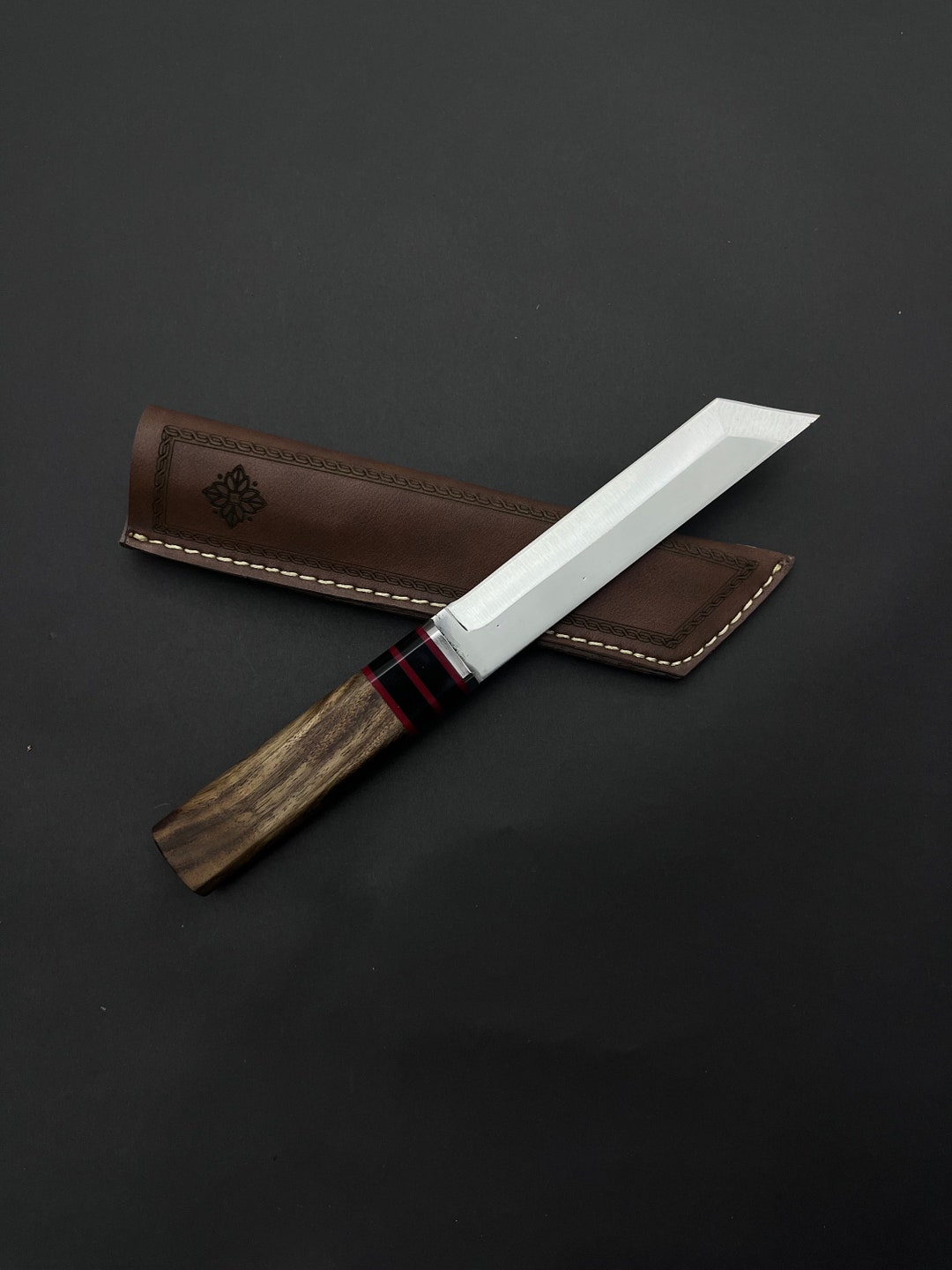 Custom Tanto Knife: Japanese Style Blade, Walnut Wood Handle, Leather ...