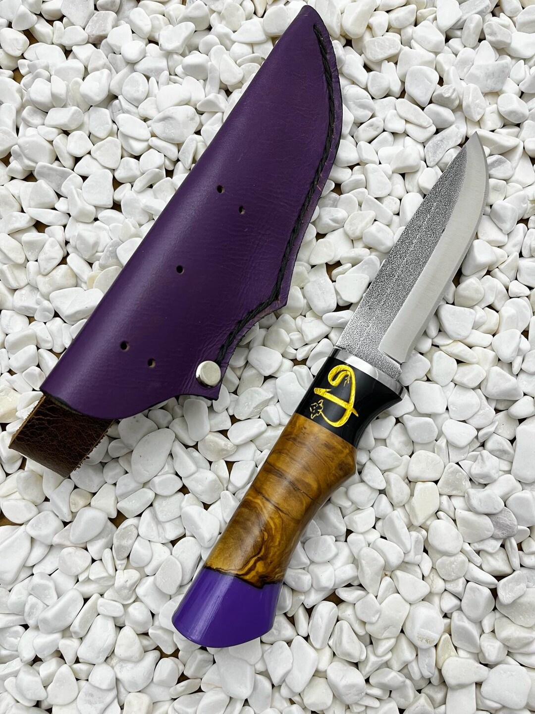 Handmade N690 Steel Fixed Blade Knife: Purple Epoxy Handle, Custom ...