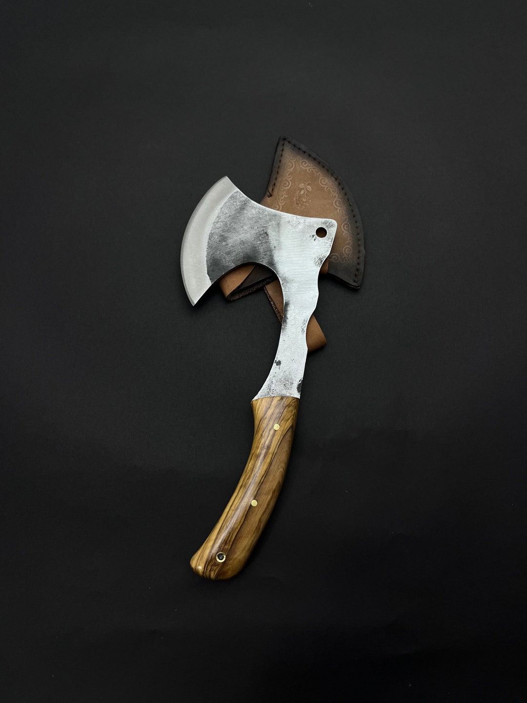 Hand Forged Carbon Steel Hatchet: Viking Bearded Axe With Olive Handle ...