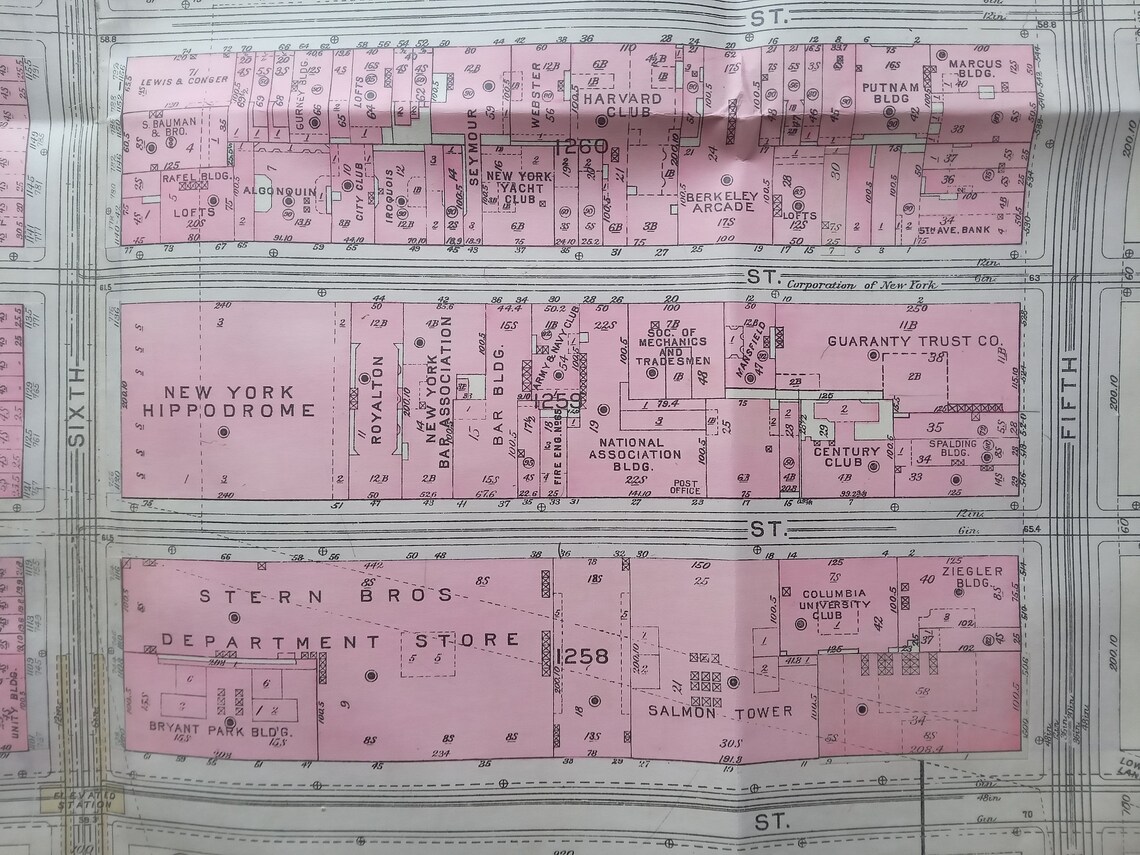 1921 Bromley New York Map Manhattan Roosevelt Chrysler Times Square ...