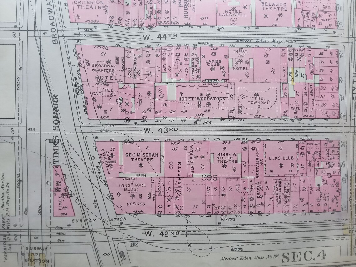 1921 Bromley New York Map Manhattan Roosevelt Chrysler Times Square ...
