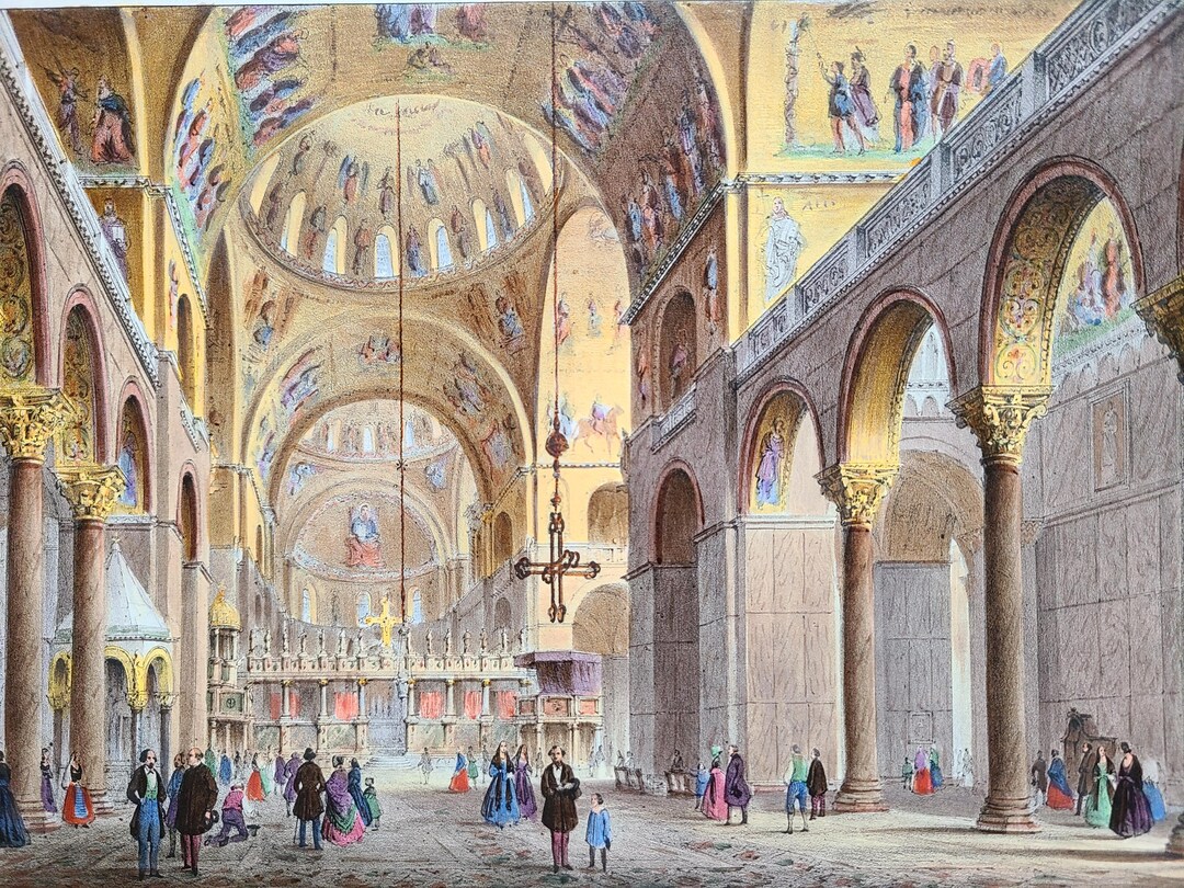 1850 Venice San Marco Italy Large Antique Original Color Print ...