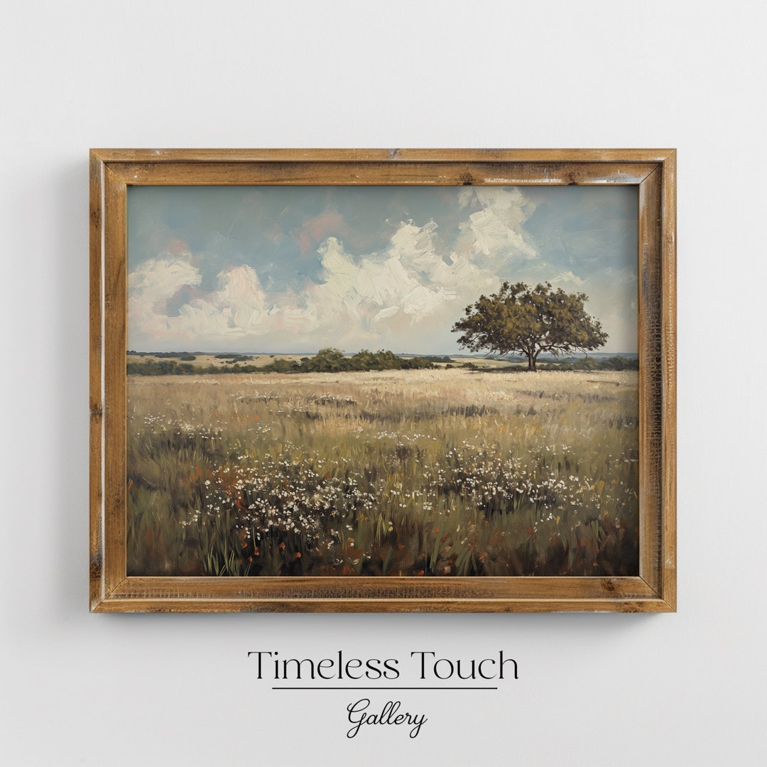 Vintage Oak Tree Landscape Painting: Rustic Farmhouse Wall Art (digital ...