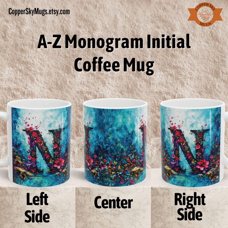 Initial N Monogram Mug Splatter Ink Art Design Watercolor Flowers ...