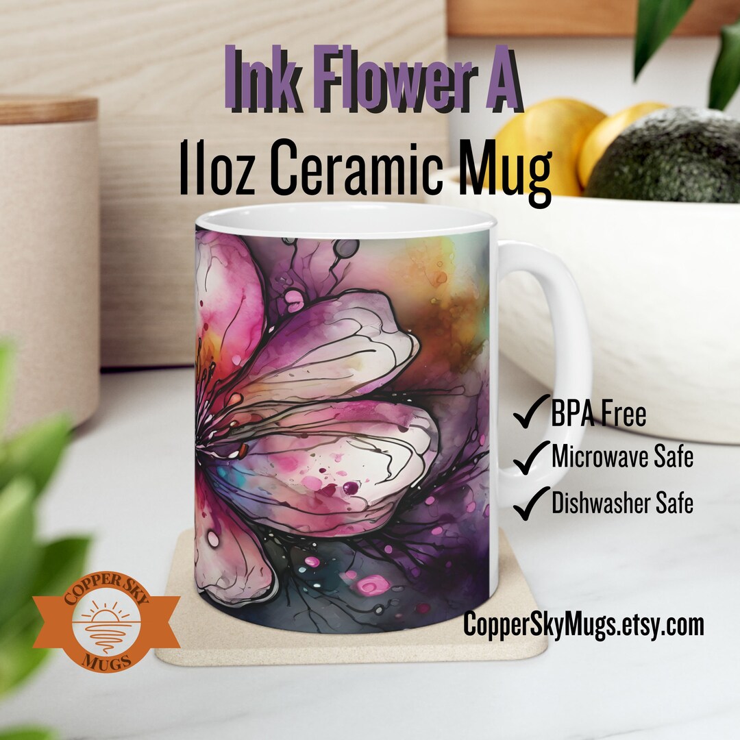 Ink Flower Design A 11oz Ceramic Mug, Glossy Finish, Microwave and ...
