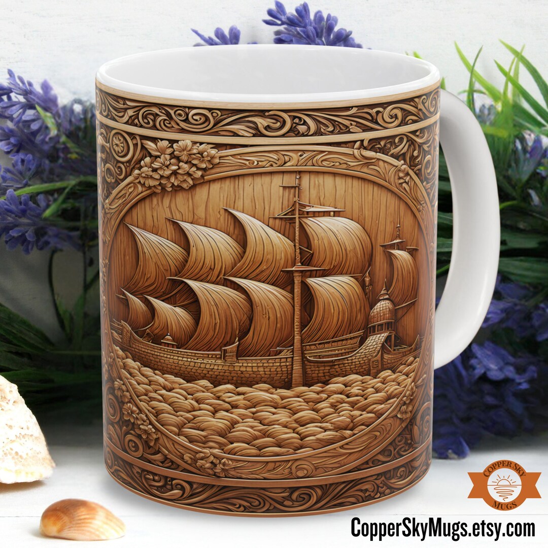 Viking Wood Carving Mug, Ocean Lovers Coffee Cup, Carved Wood Lover ...