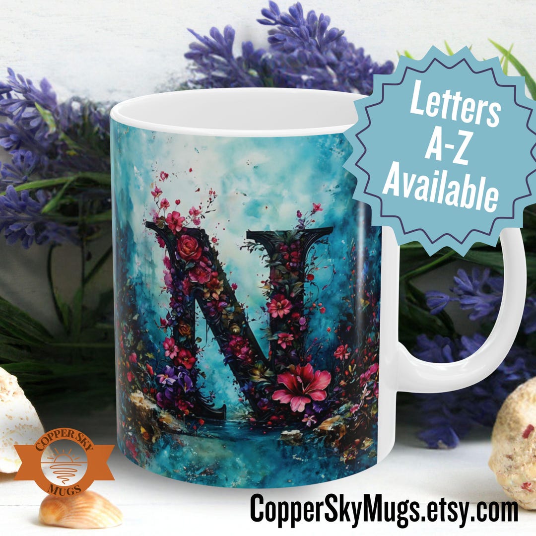 Initial N Monogram Mug, Splatter Ink Art Design, Watercolor Flowers ...