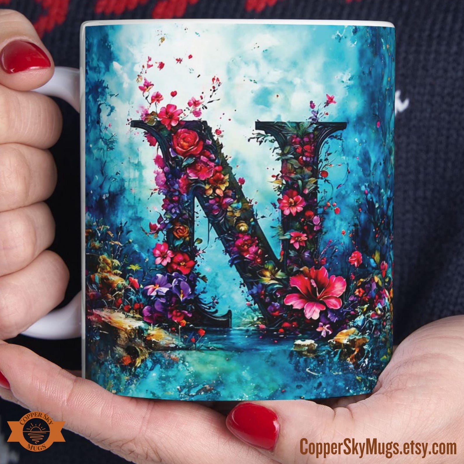 Initial N Monogram Mug Splatter Ink Art Design Watercolor Flowers ...