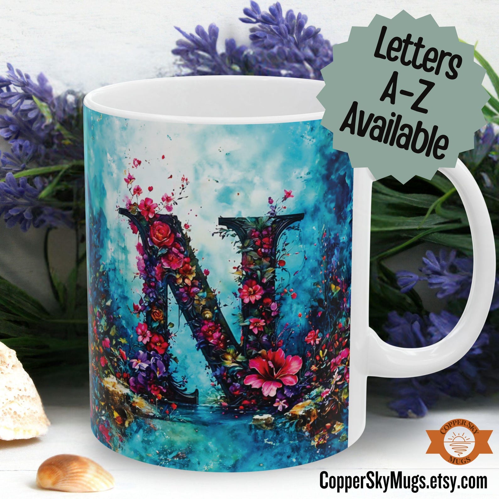 Initial N Monogram Mug Splatter Ink Art Design Watercolor Flowers ...
