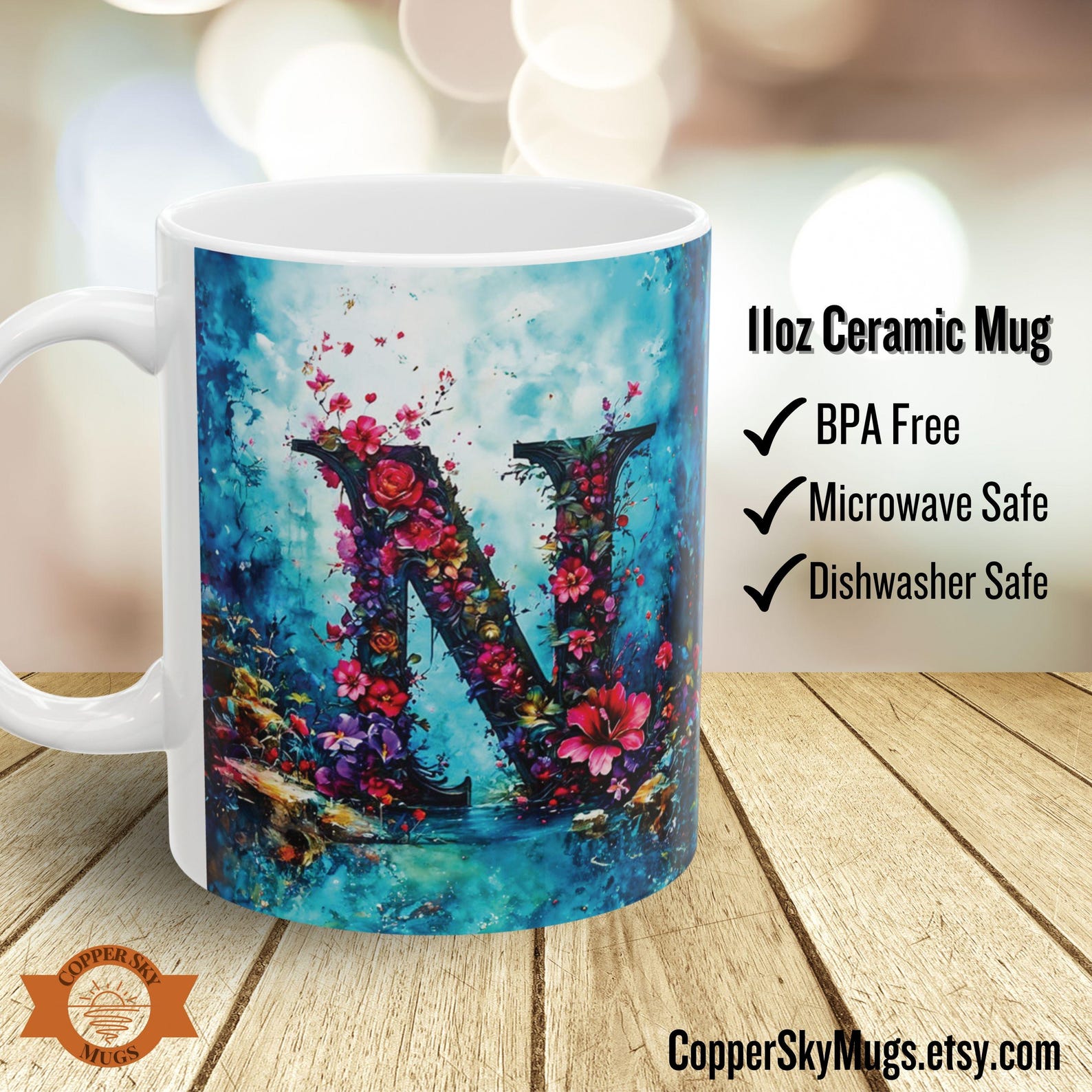 Initial N Monogram Mug Splatter Ink Art Design Watercolor Flowers ...