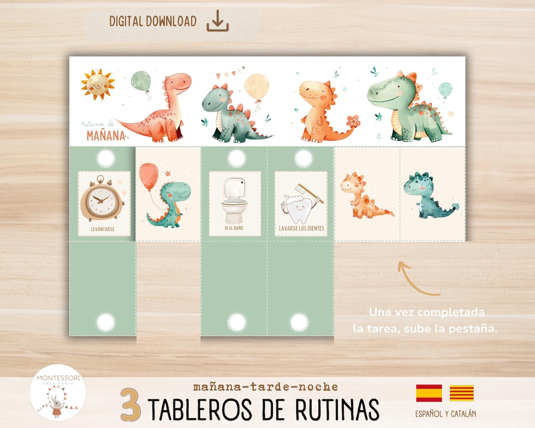 Daily Routine Board for Kids in Spanish and Catalan. Dinosaur Theme ...