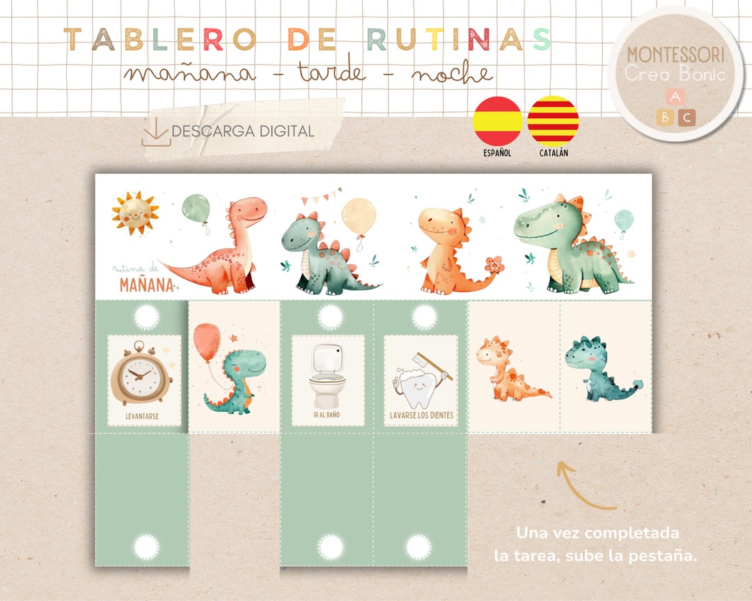 Daily Routines Board for Children in Spanish and Catalan. Dinosaur ...