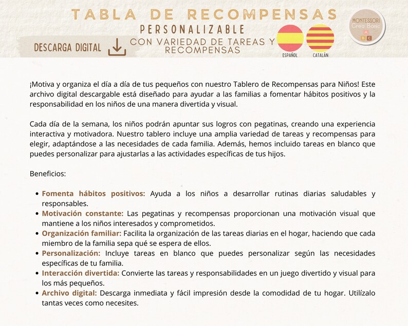 Tabla de Recompensas. Rutinas y hábitos niños. Español y catalán ...